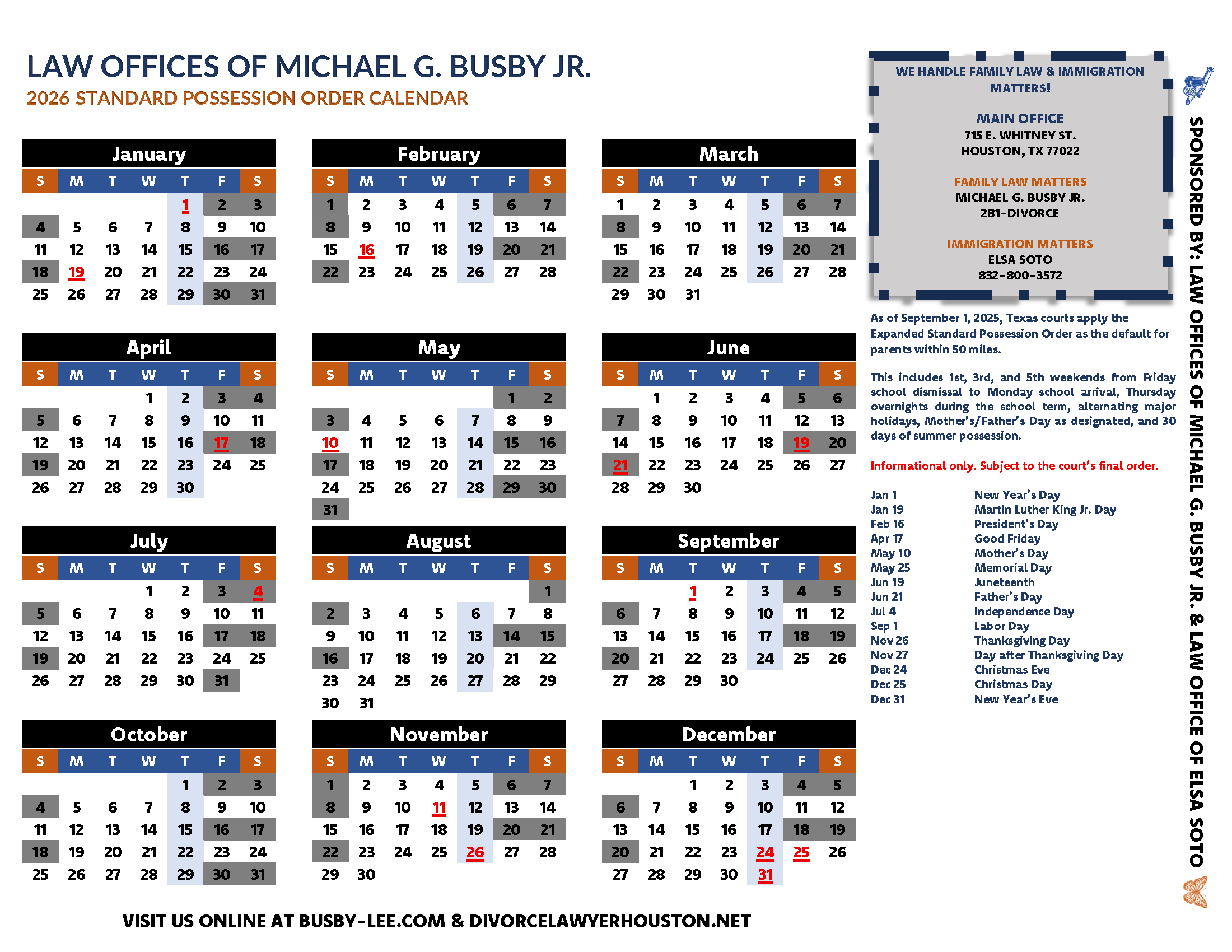 2026 Texas Standard Possession Order Calendar - Houston Divorce Lawyer ...